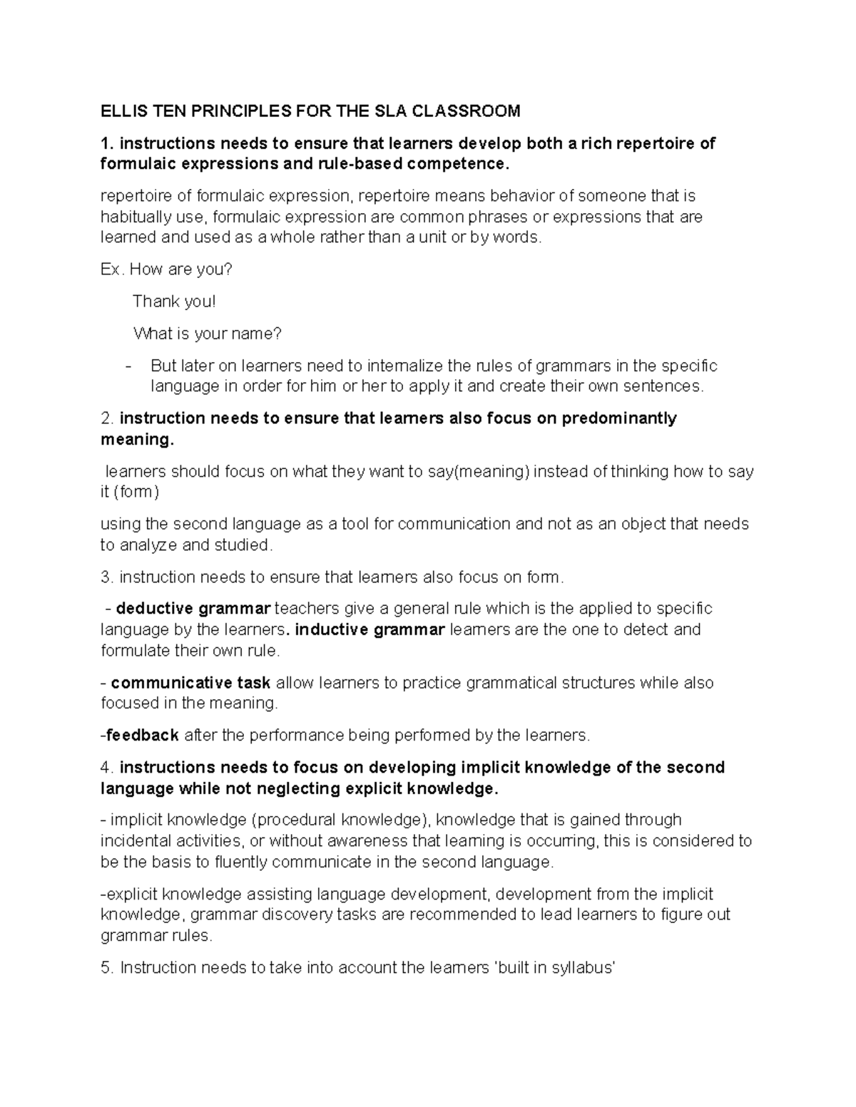 Ellis TEN Principles for Effective SLA Classroom Instruction - Studocu