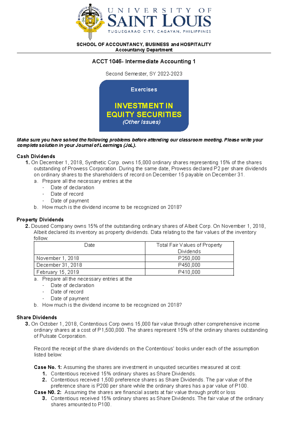 Exercises - ACCT 1046: Investment in Equity Securities Solutions - Studocu