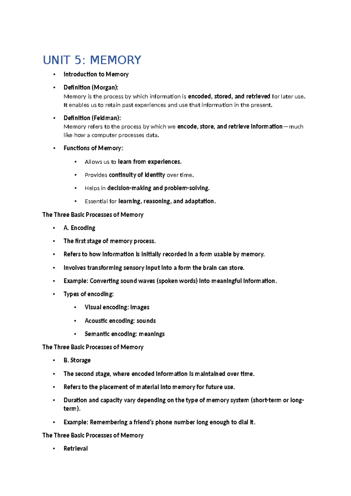 UNIT 5: MEMORY - Understanding Encoding, Storage, and Retrieval - Studocu