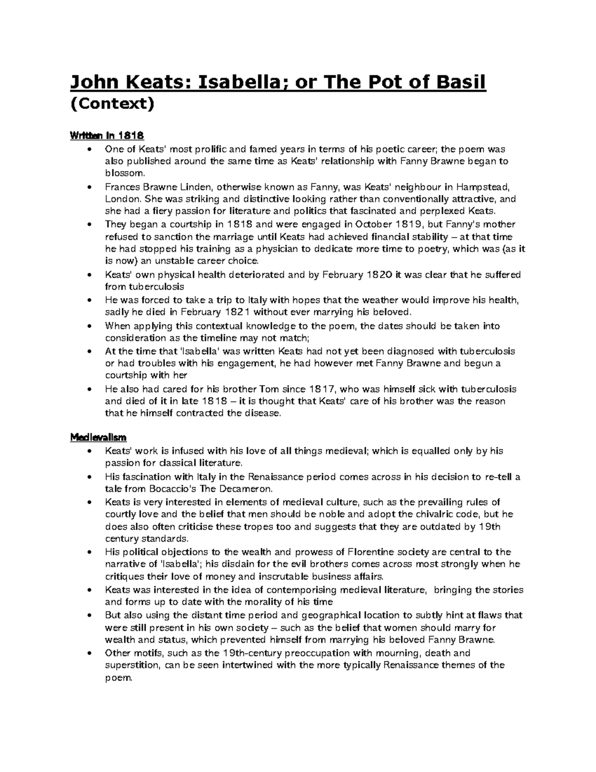Contextual Analysis of John Keats' "Isabella; or The Pot of Basil ...