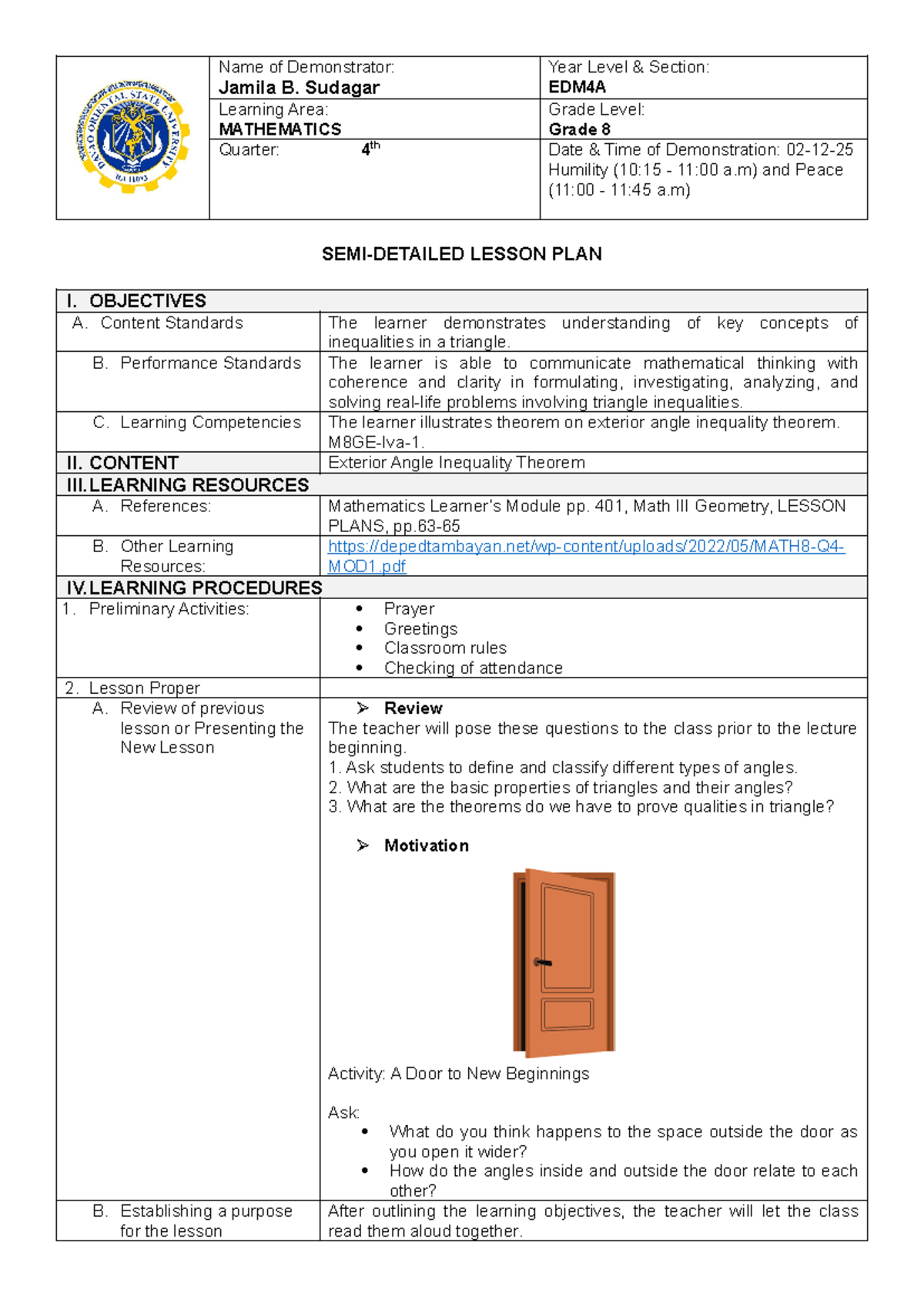 1ST LP G8 Exterior Angle Inequality Theorem - Detailed Lesson Plan ...