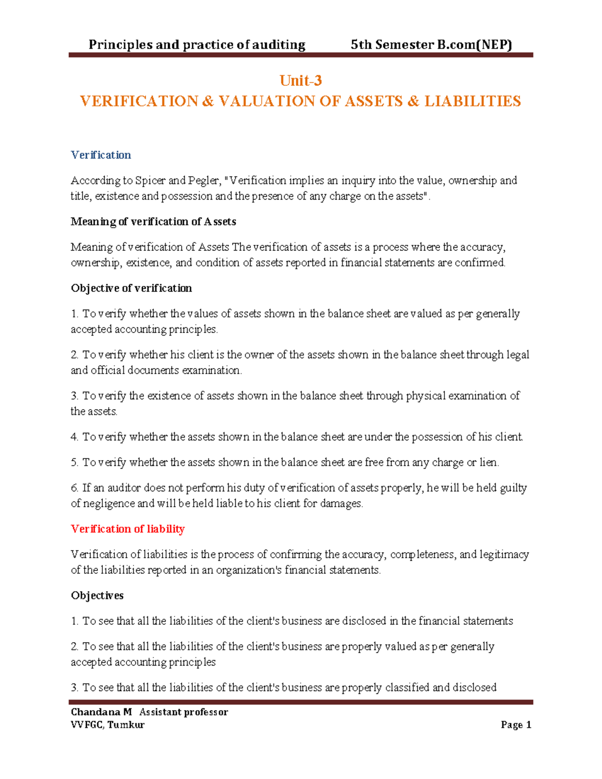 Verification and Valuation of Assets & Liabilities - B.Com 5th Sem (NEP ...
