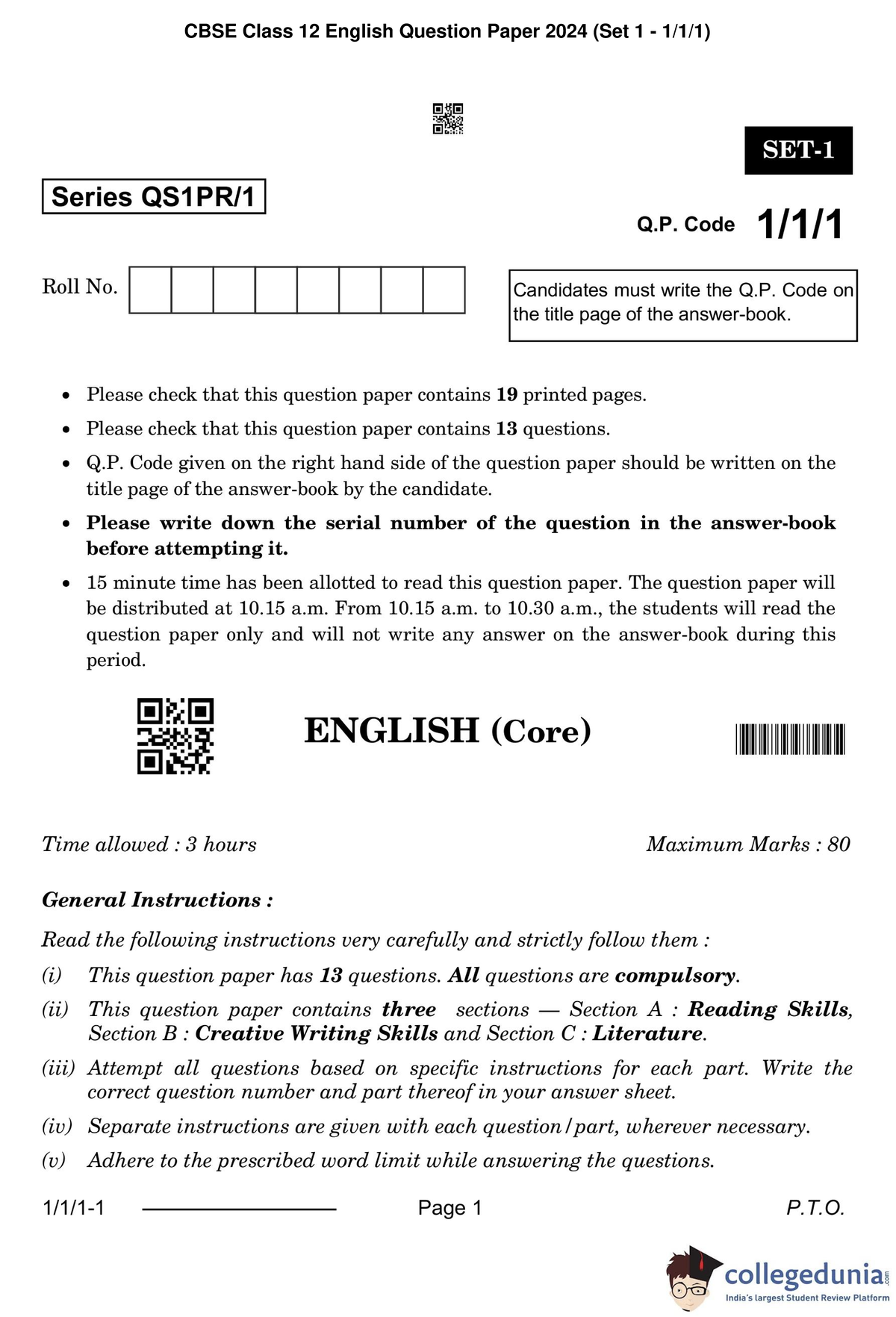 CBSE Class 12 English Question Paper 2024 Set 1 1 1 1 ...