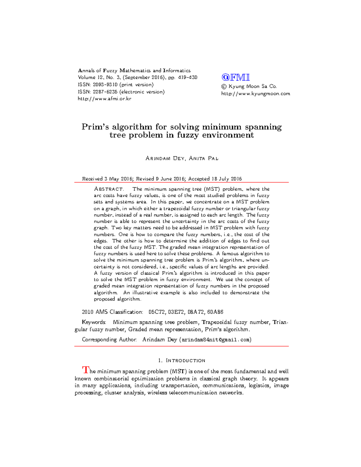 Fuzzy Minimum Spanning Tree Problem Using Prim's Algorithm (MATH 12 ...