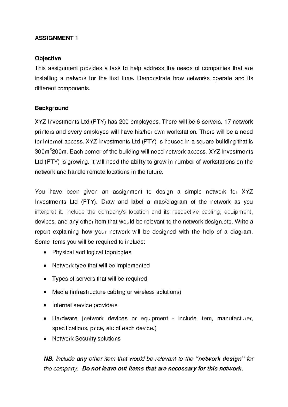 DRM1201 Assignment 1: Network Design for XYZ Investments Ltd - Studocu