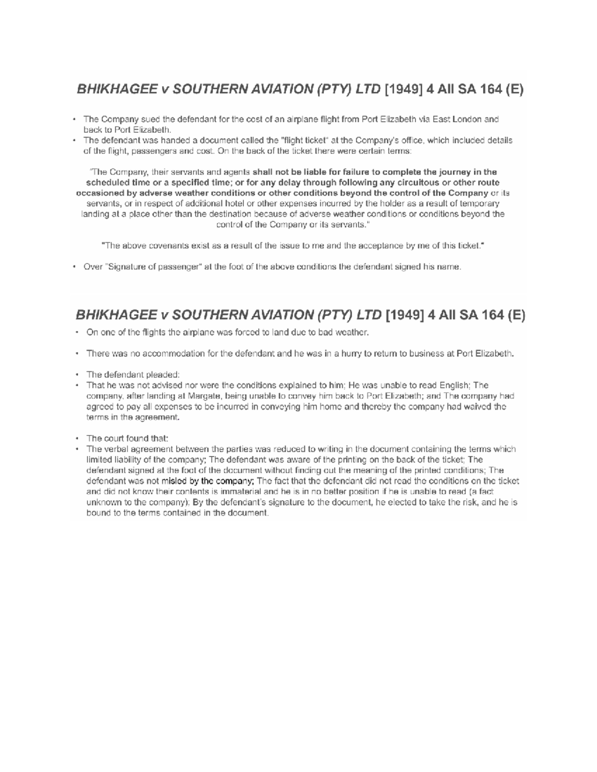 Case Study: BHIKHAGEE v SOUTHERN AVIATION (PTY) LTD [1949] - Studocu