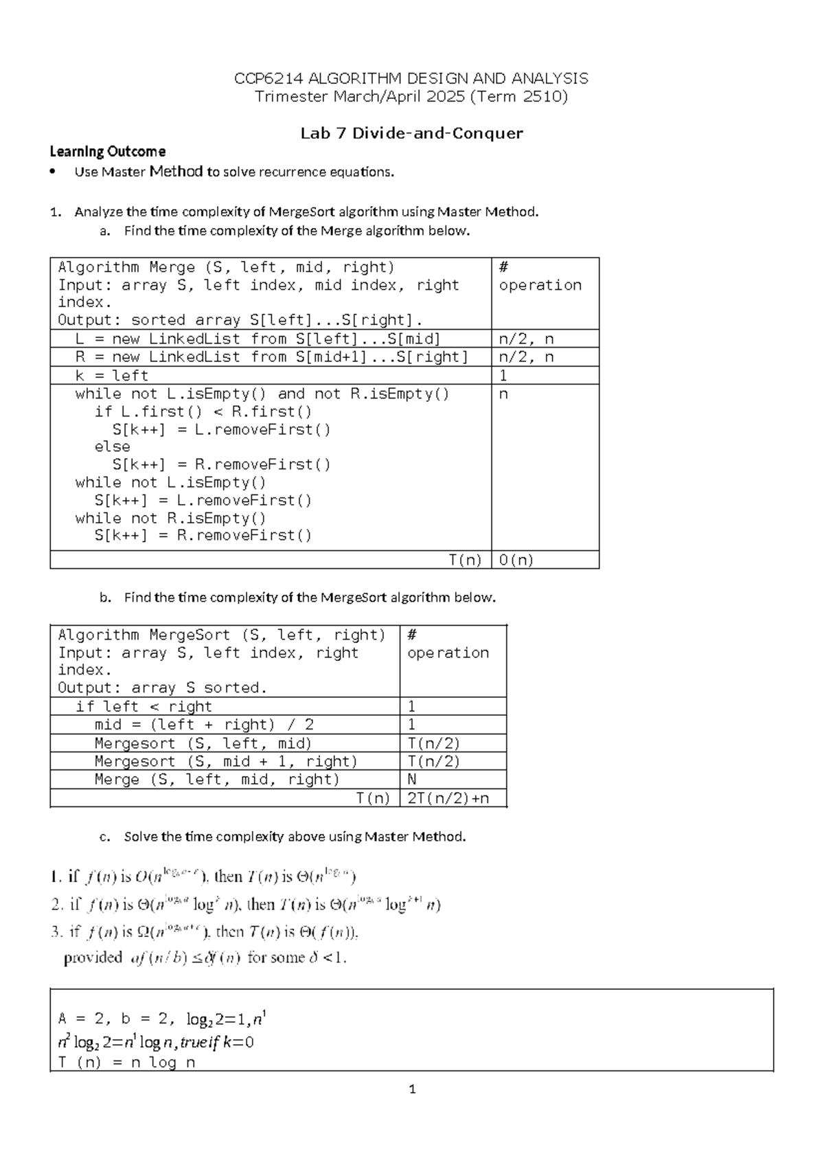 CCP6214 ALGORITHM DESIGN AND ANALYSIS Lab 7: Master Method & MergeSort ...