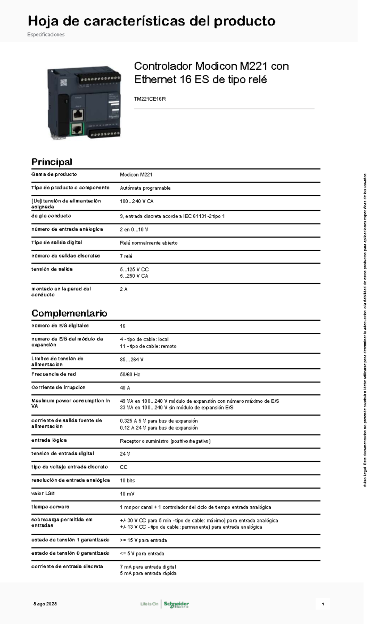 Especificaciones del Controlador Modicon M221 TM221CE16R - Studocu