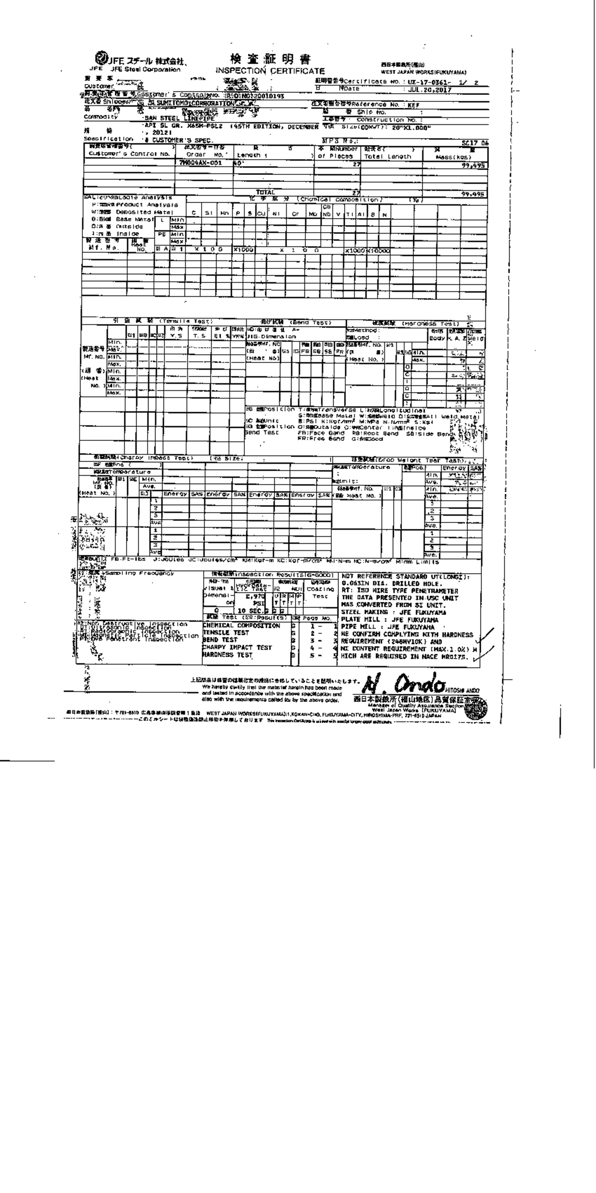 20 1 JFE MTR TUBERIA - JFE JFE JFE Steel Corporation INSPECTION CERTIFICATE WEST JAPAN - Studocu