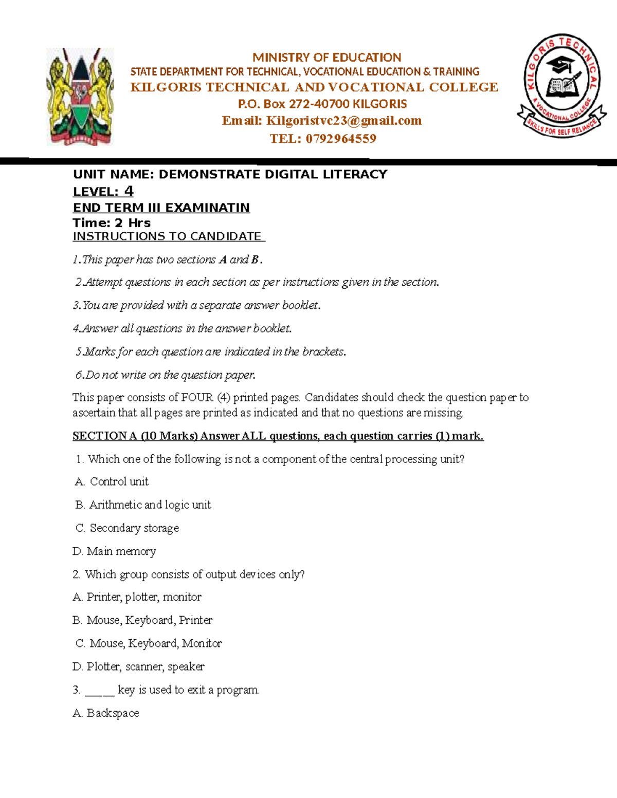 Digital Literacy Level 4 End Term Exam - KILGORIS TVC - Studocu
