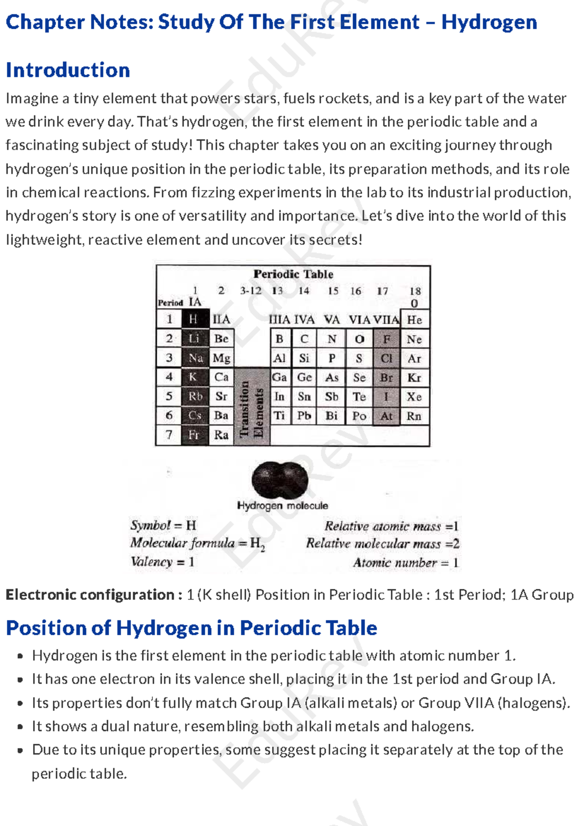 Edu Rev Chapter Notes: Exploring the First Element - Hydrogen - Studocu
