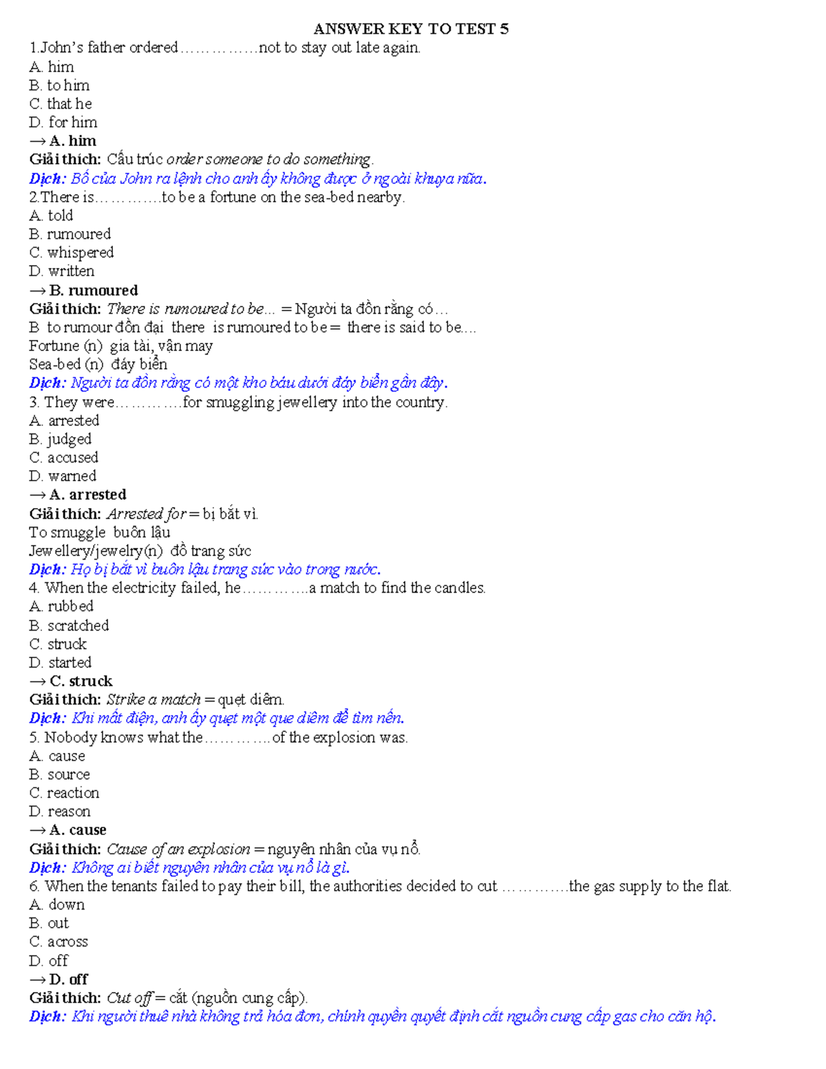ANSWER KEY TO TEST 5: Vocabulary and Structure Exercises - Studocu