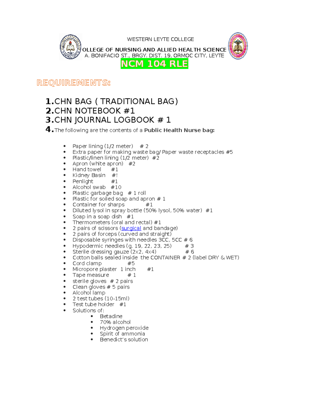 NCM 104 RLE: CHN Bag Contents for SY 2024-2025 - Studocu