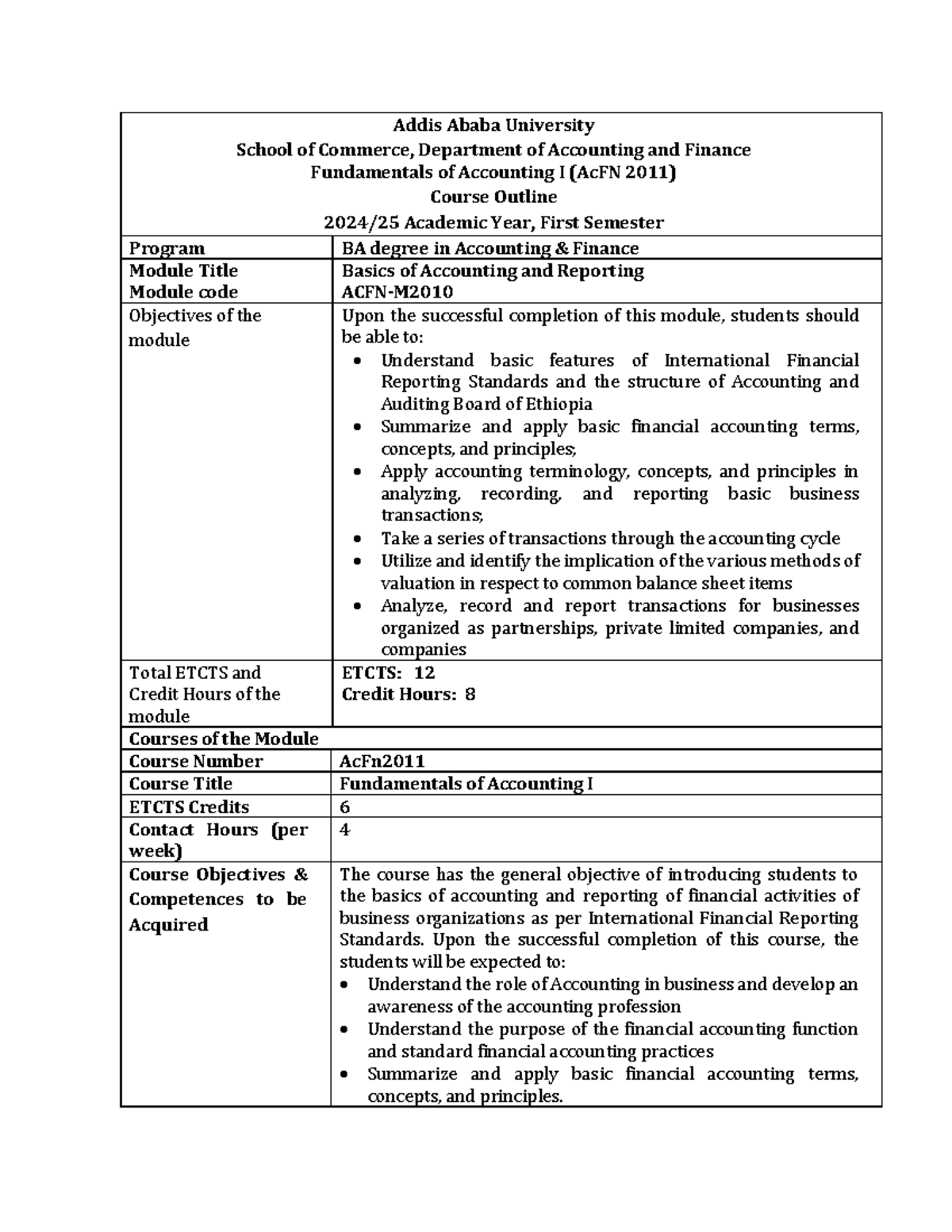 Ac FN2011 Course Outline: Fundamentals of Accounting I (2024/25) - Studocu