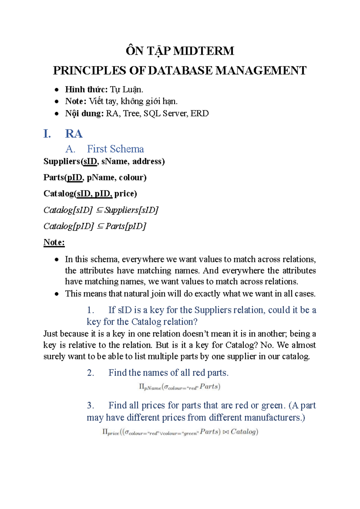 ÔN TẬP MIDTERM RA + SQL + ERD - Principles of Database Mgmt. - Studocu