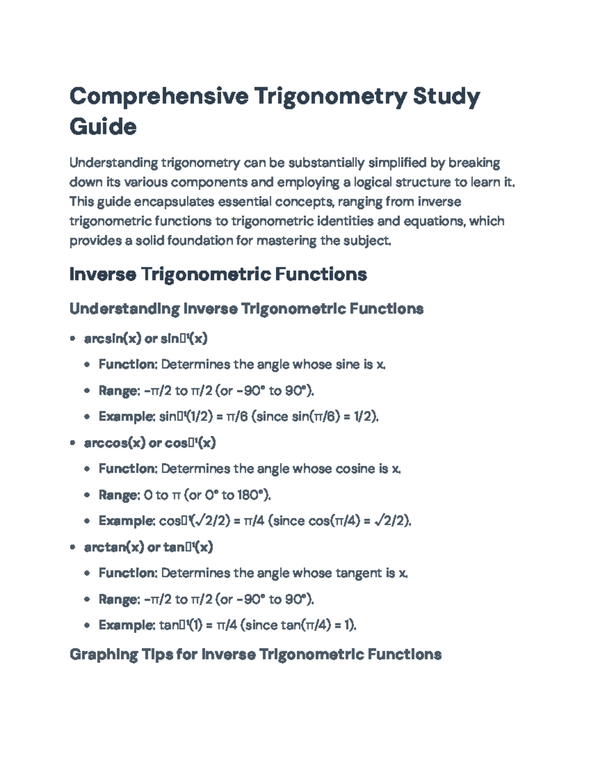 Comprehensive Trigonometry Study Guide for Academic Success ...