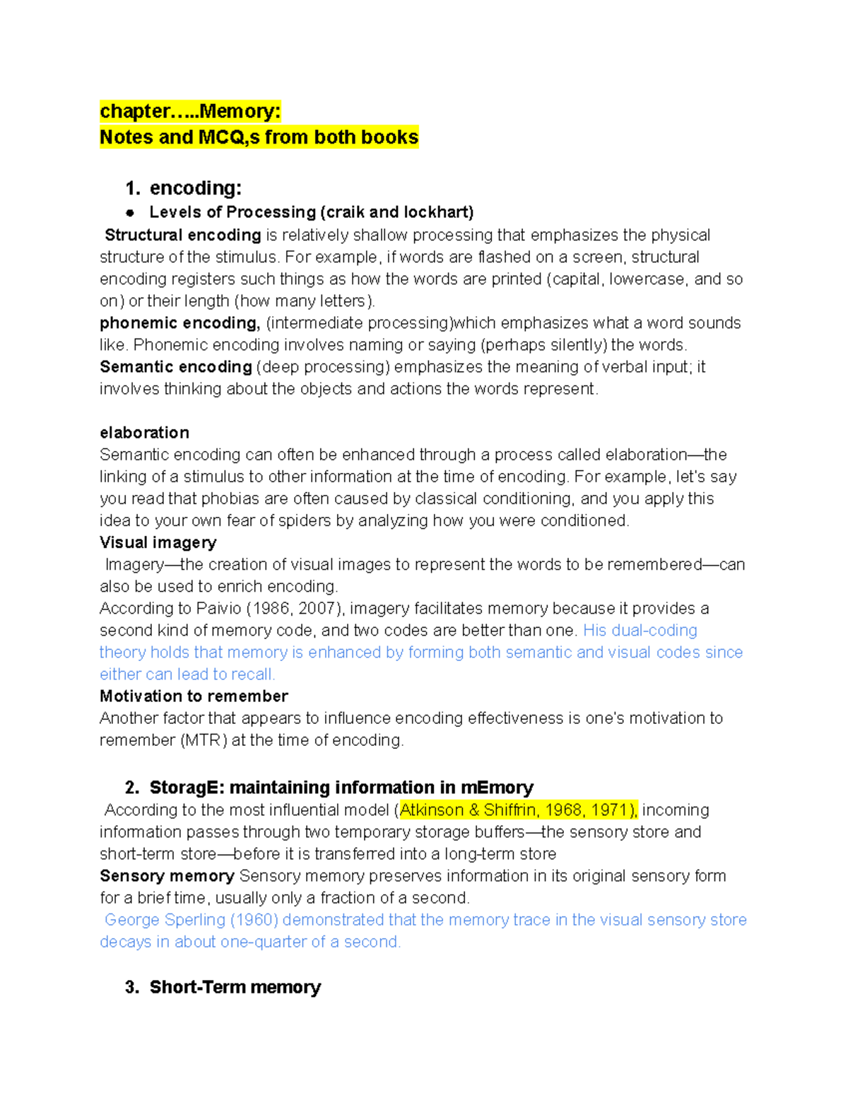 Memory Notes and MCQs: Levels of Processing (PSY 101) - Studocu