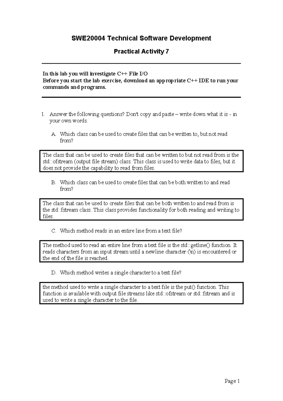 SWE20004 Practical Activity 7 - Exploring C++ File I/O Operations - Studocu