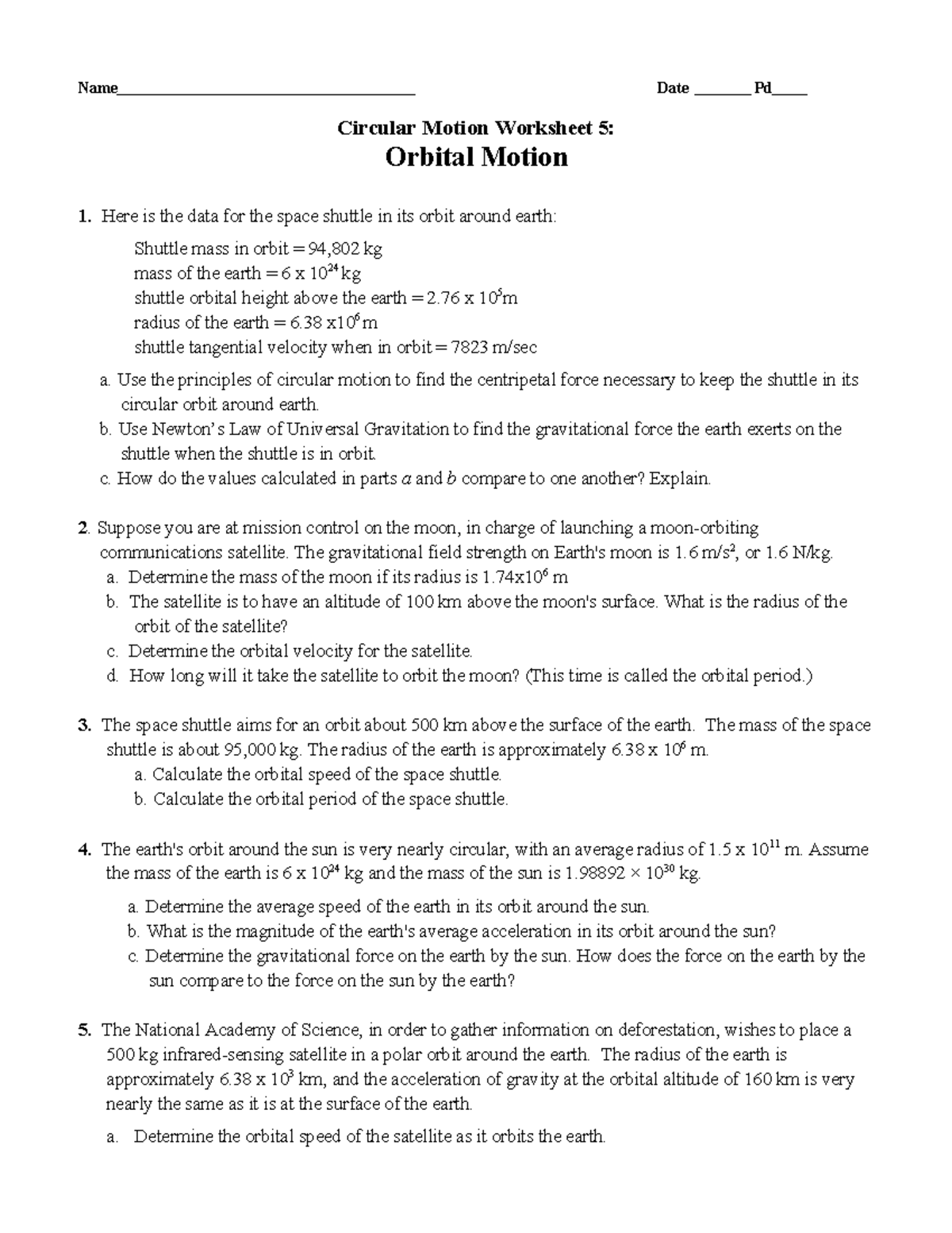 HW5.5 Circular & Orbital Motion Worksheet 1 - Studocu
