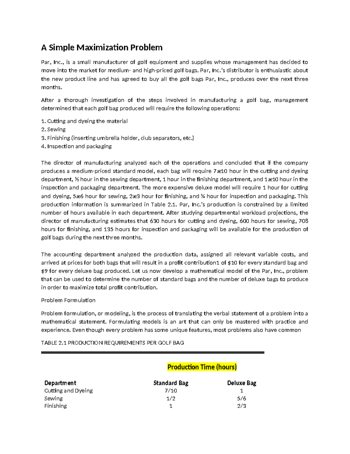 Maximization of Golf Bag Production: A Linear Programming Model - Studocu