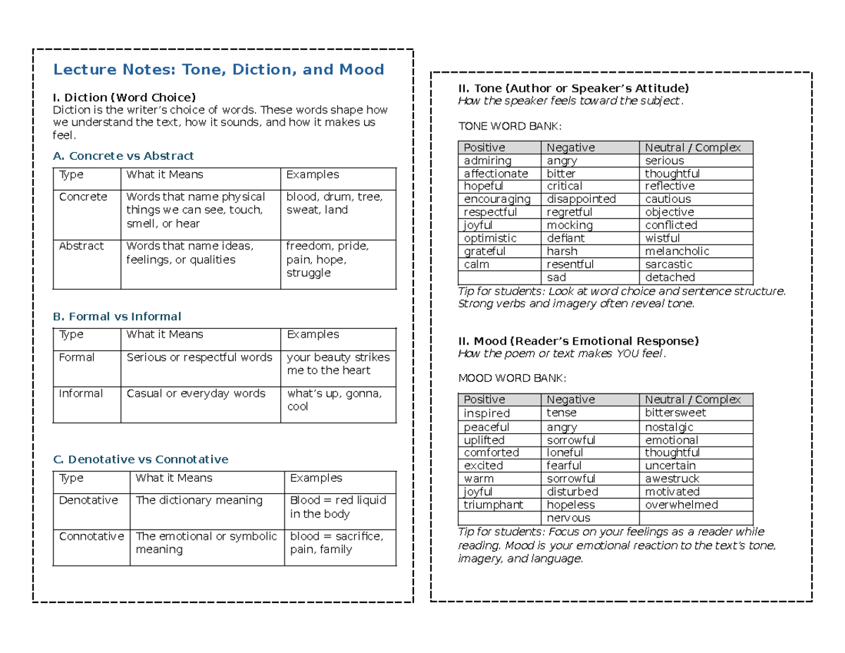Lecture Notes: Tone, Diction, and Mood Analysis (ENG 101) - Studocu