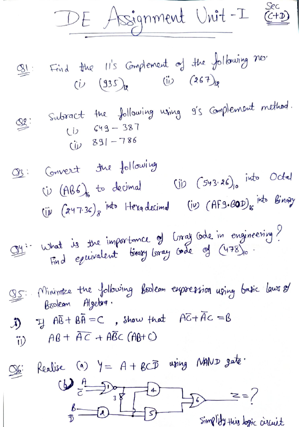 DE Assignment Unit 1 - Complement and Boolean Algebra Solutions - Studocu