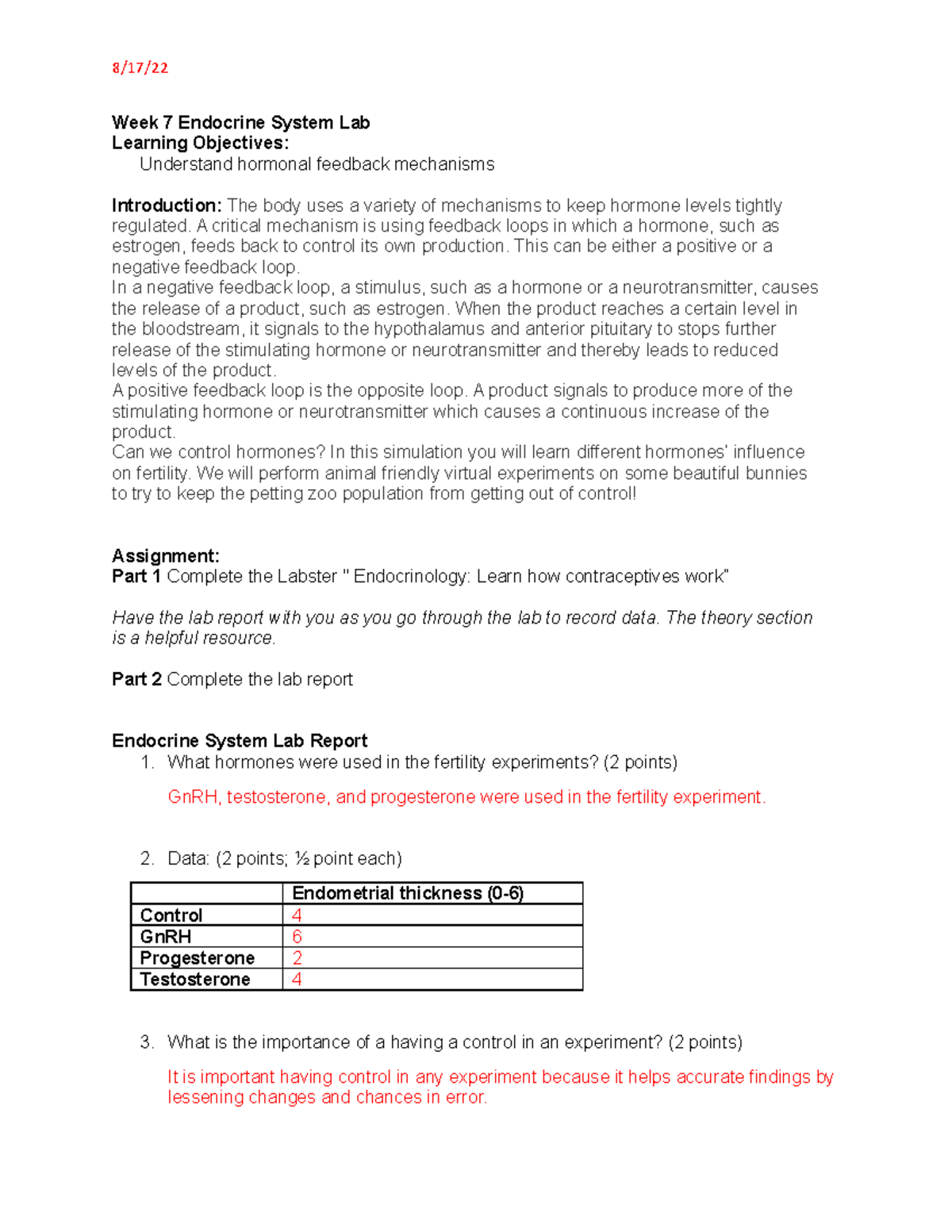 Lab 7 - Dr. Sandra Hampton - 8/17/ Week 7 Endocrine System Lab Learning ...