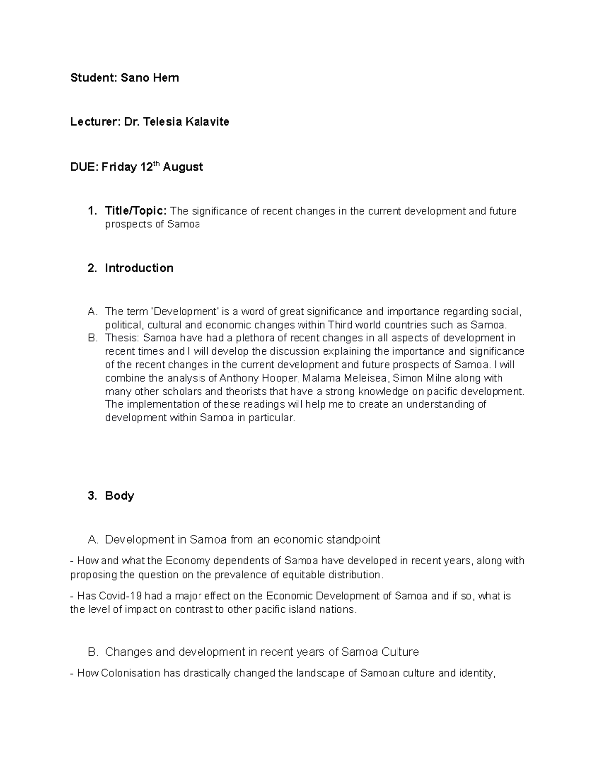 PACI101 - Essay Outline: Analyzing Development in Samoa - Studocu