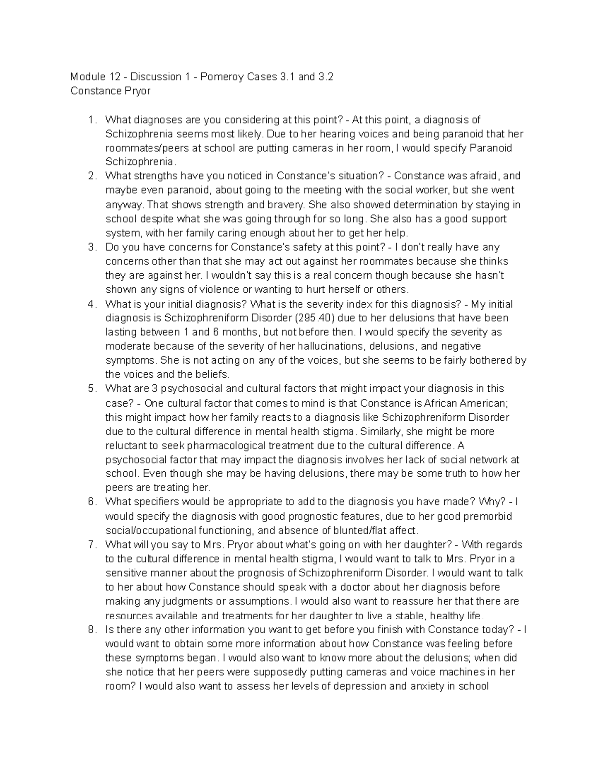 Module 12 - Discussion 1: Diagnosis Insights on Pomeroy Cases 3.1 & 3.2 ...