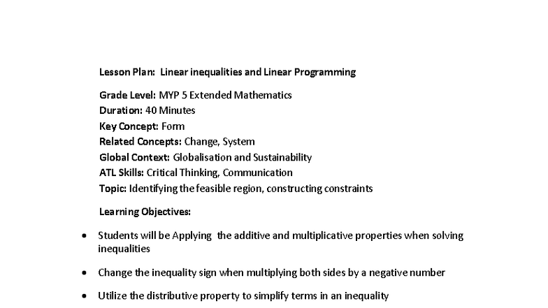 Lesson Plan: Linear Inequalities & Programming MYP 5 Extended Maths ...