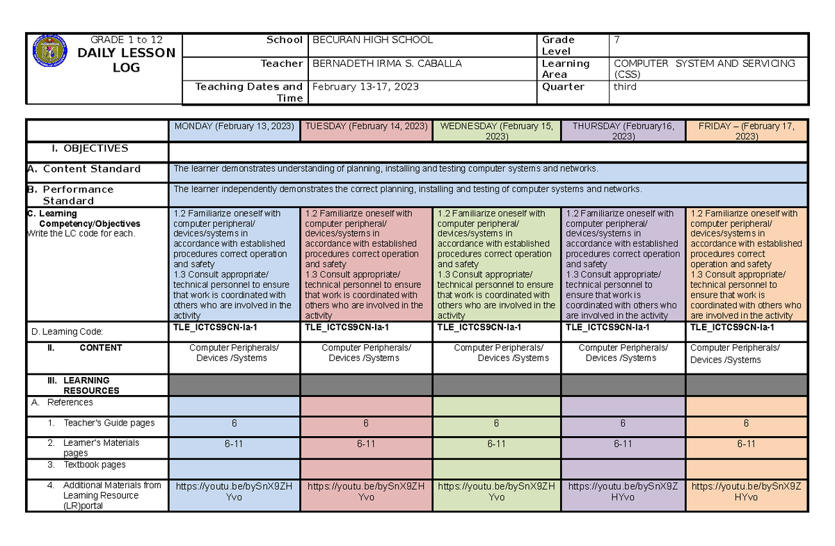 DLL ICT 9 Q3 WEEK 1 - DAILY LESSON LOG - GRADE 1 to 12 DAILY LESSON LOG School BECURAN HIGH ...