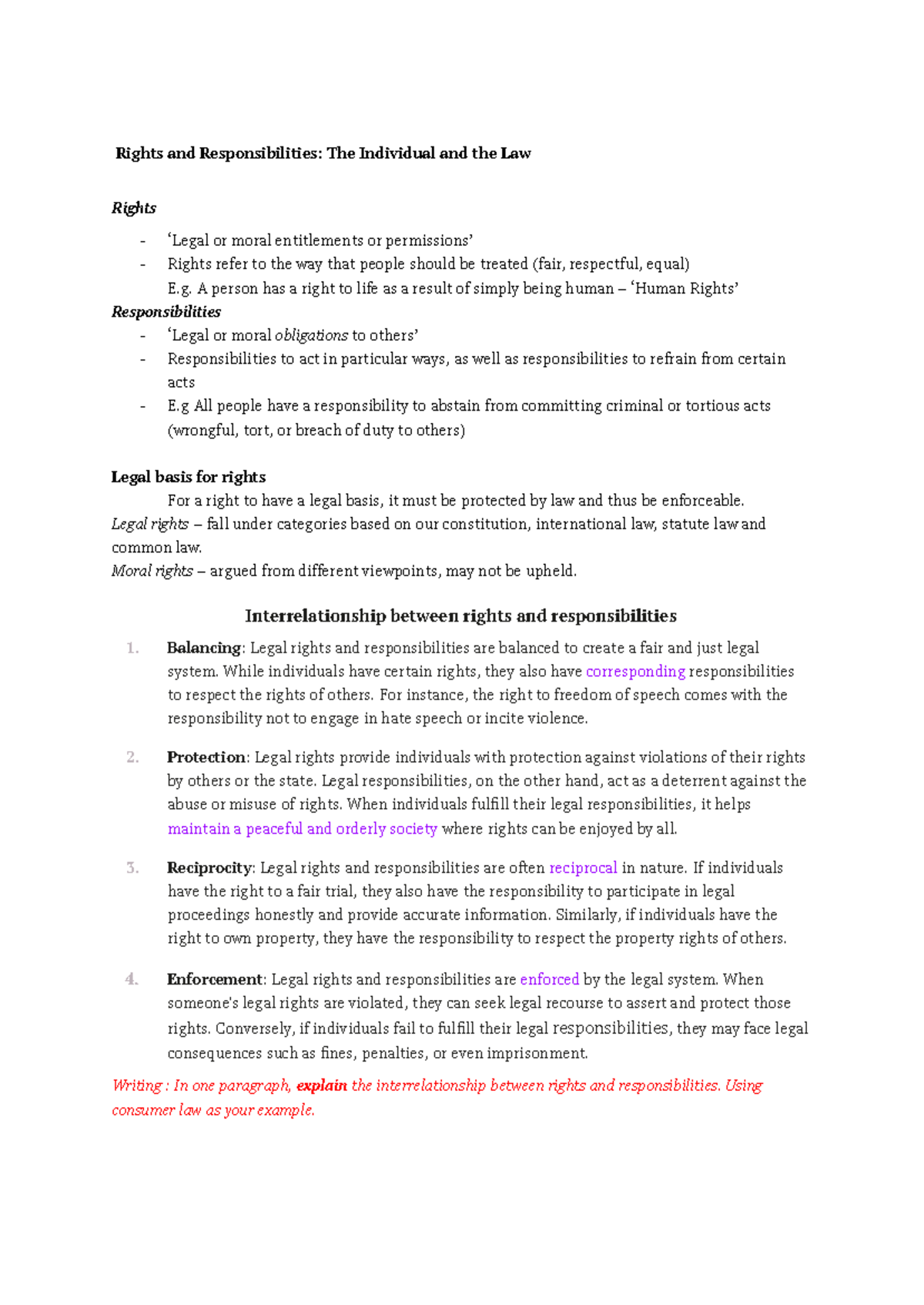 Legal Revision: Rights and Responsibilities in Law (Course Code: LAW101 ...