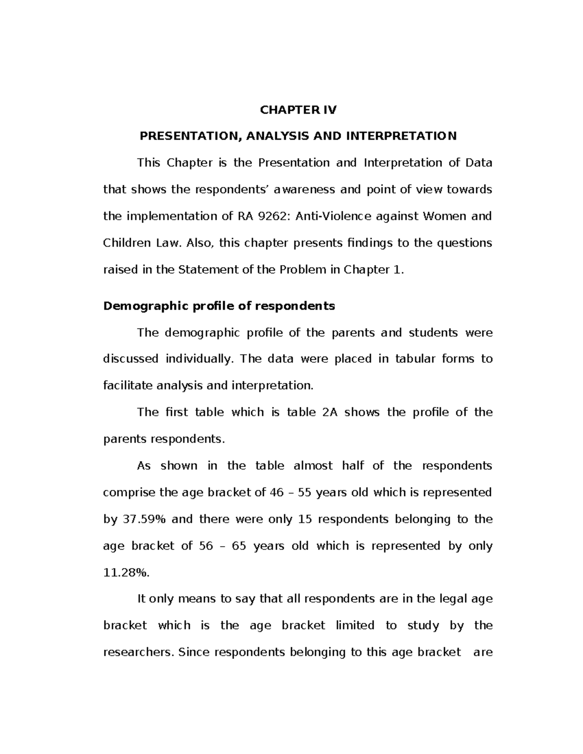 CHAPTER IV: Data Presentation & Analysis on RA 9262 Awareness - Studocu