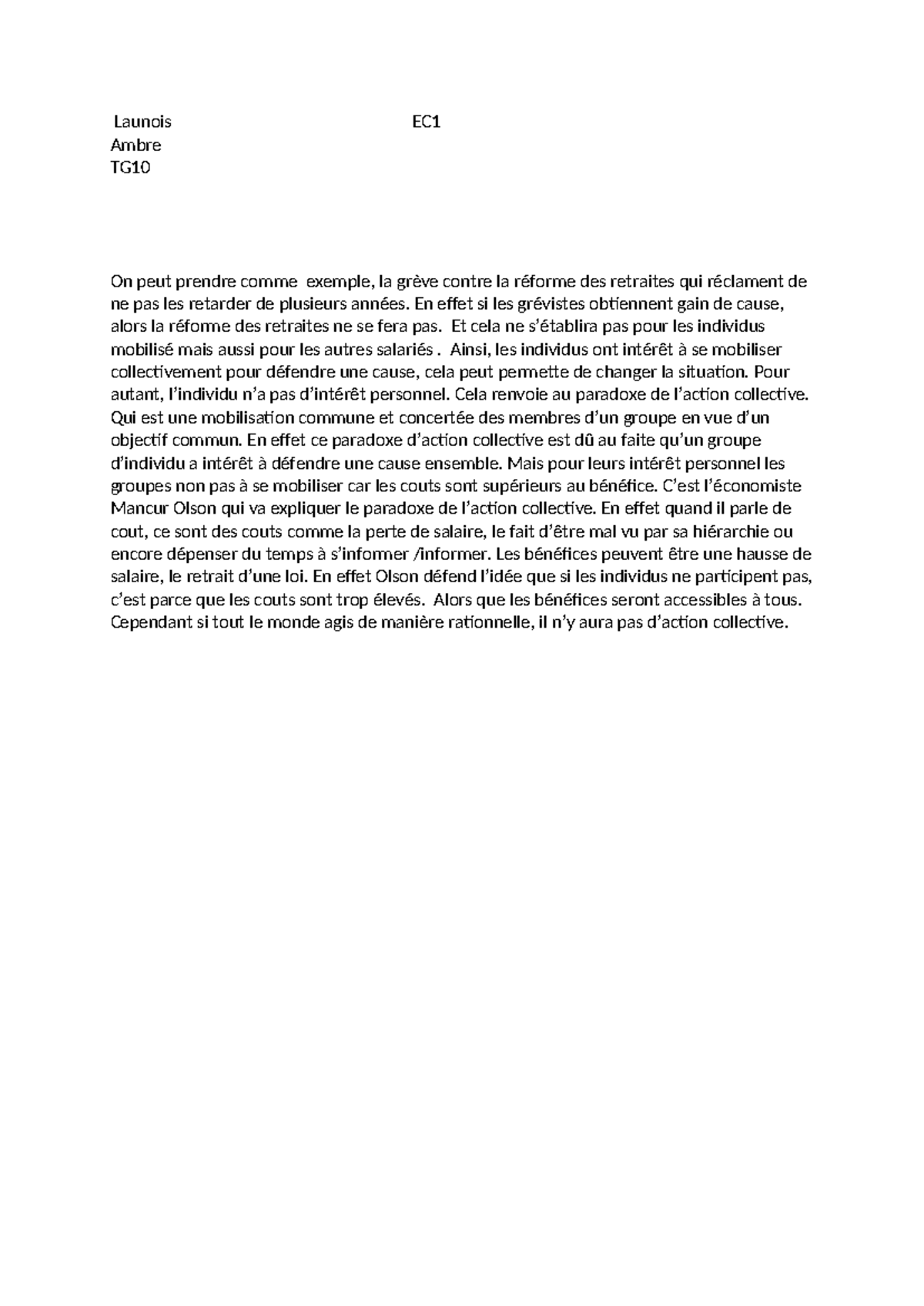 SES EC1 - Paradoxe de l'Action Collective et ses Implications - Studocu