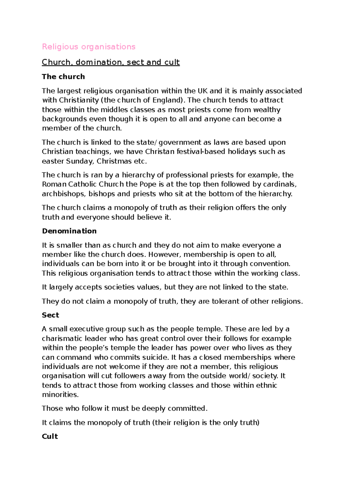 Religious Organisations: Church, Denomination, Sect, and Cult Analysis ...
