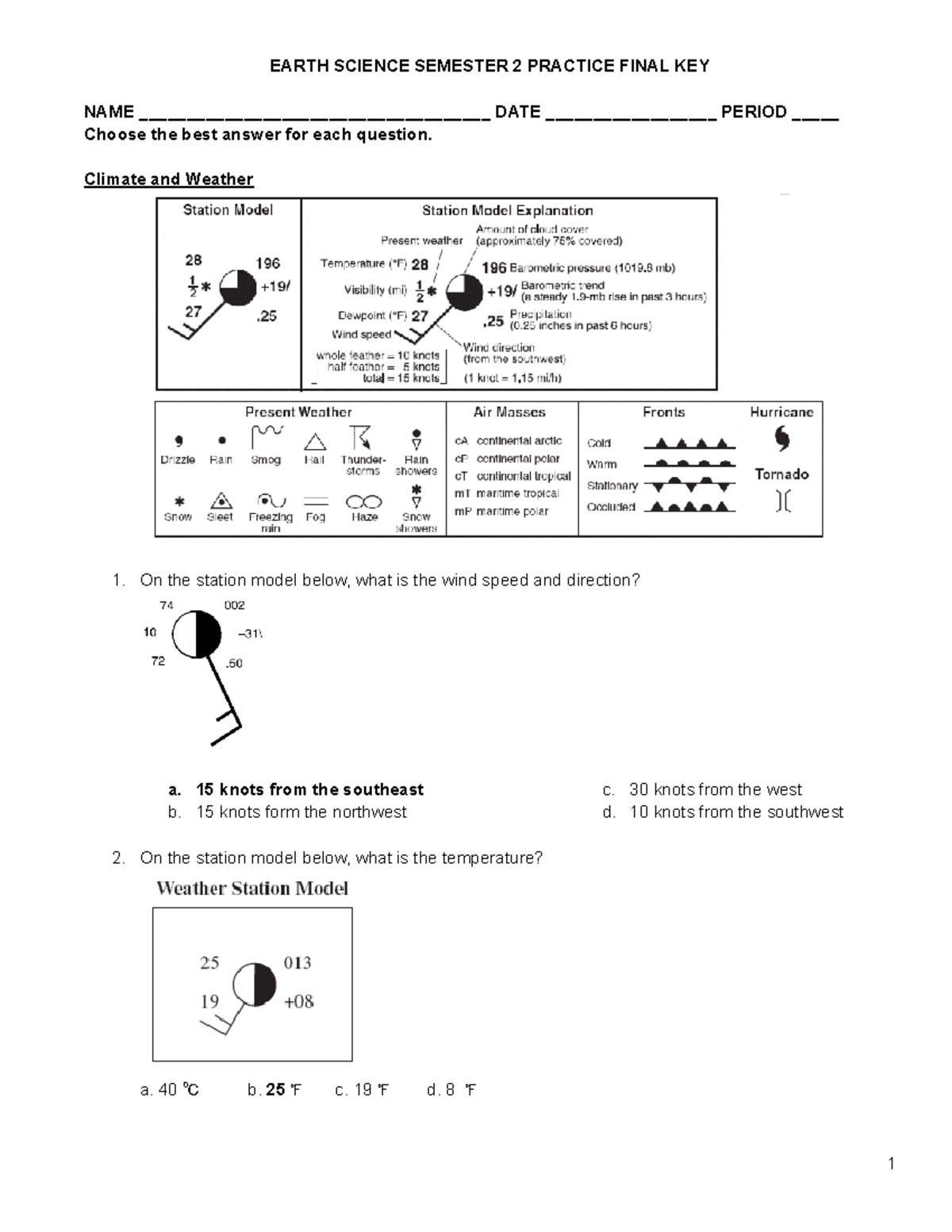 Earth Science SEM 2 Practice Final Exam Key 2024-2025 - Studocu