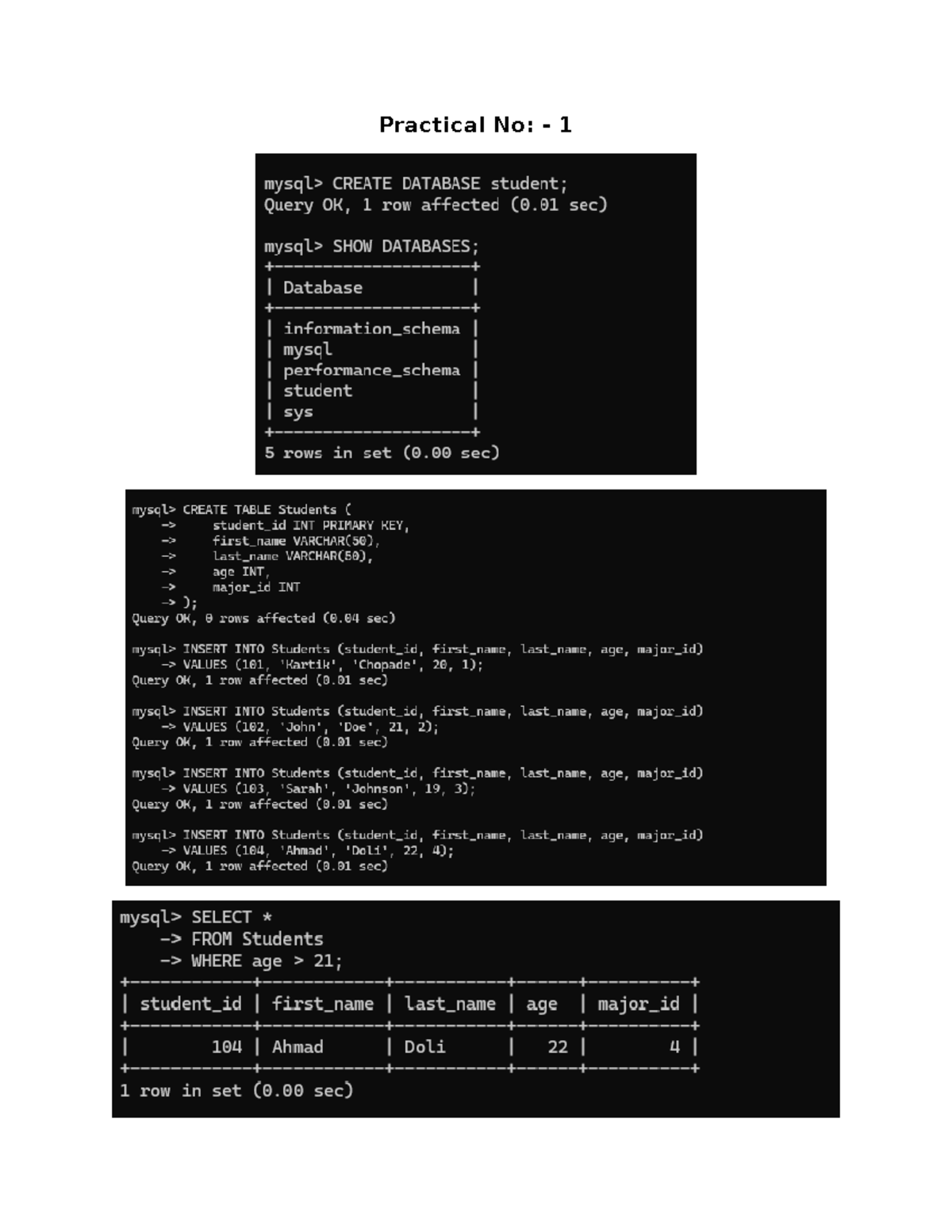 Practical No: 1, 2 & 3 Database Management System (DBMS) - Studocu