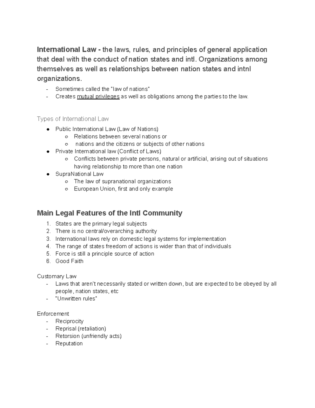 INTL 101: Lecture Notes on Key Principles of International Law - Studocu