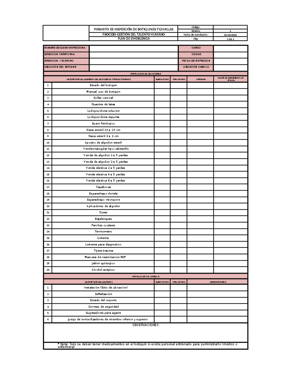 Formato de Inspección de Botiquines y Camillas - Proceso de Emergencia - Studocu