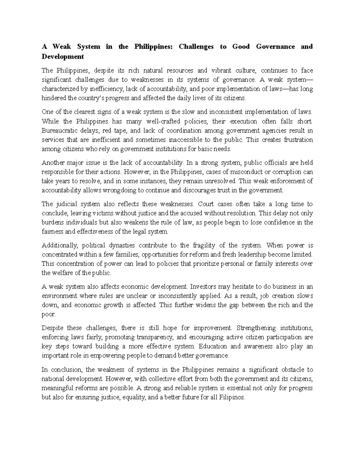 Weak Governance in the Philippines: Challenges to Development - Studocu