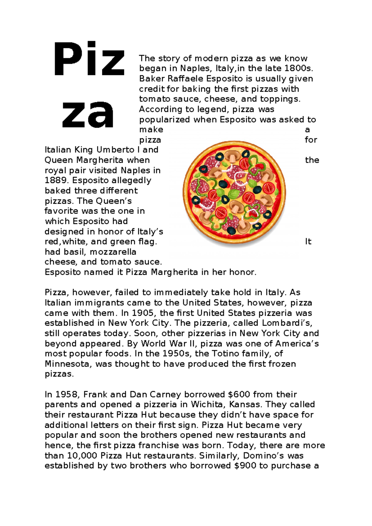 Reading Comprehension Exercises on The History of Pizza (115565) - Studocu