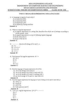 TOC unit-2 - ......... - UNIT II 2 Regular Expressions and Languages Syllabus Regular expression ...