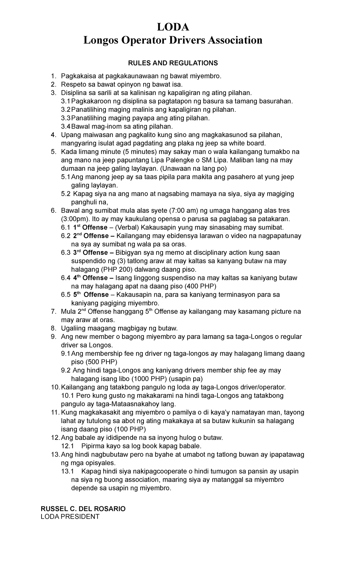 LODA Rules and Regulations - Member Guidelines and Policies - Studocu