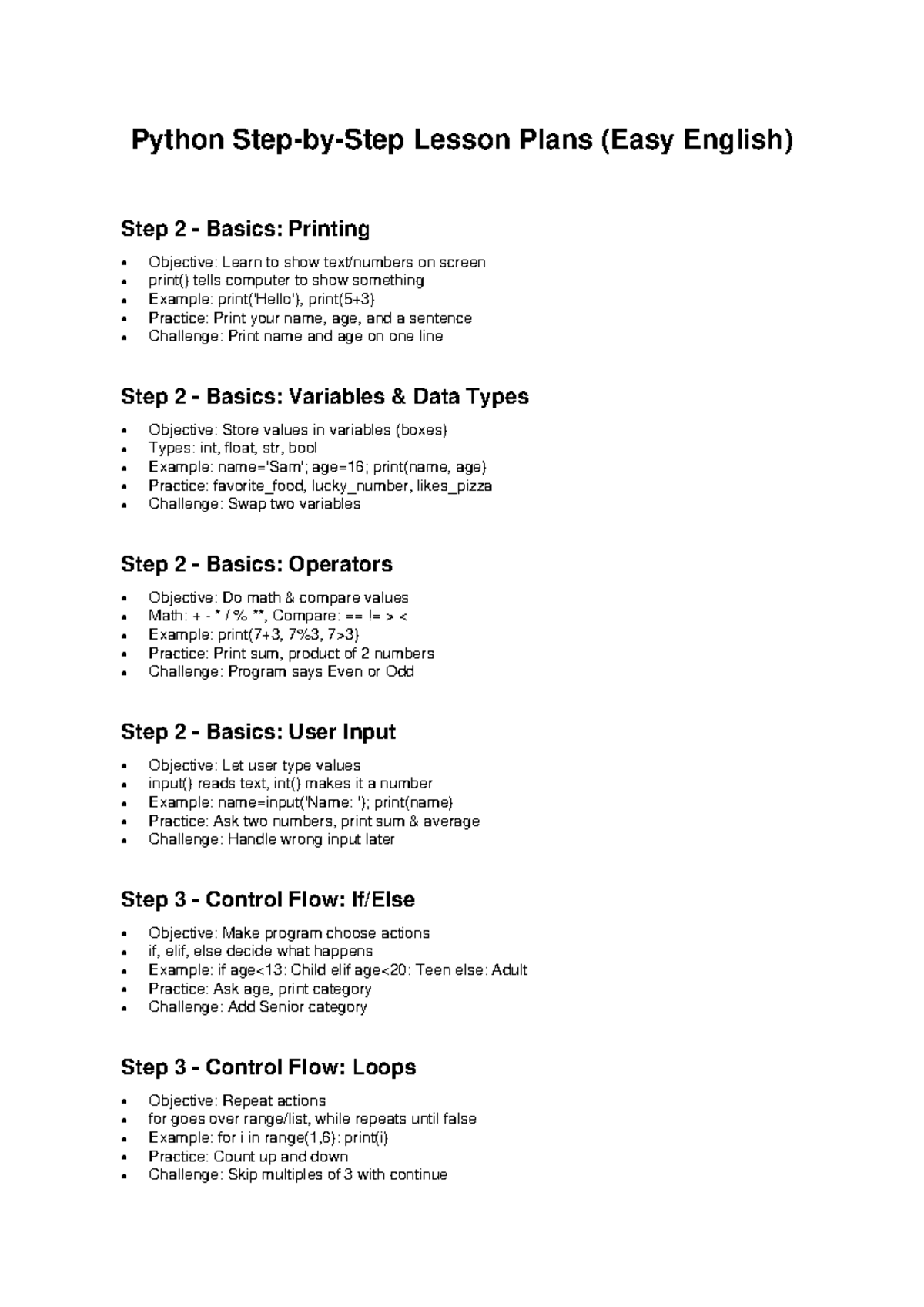 Python (Easy English) Step-by-Step Lesson Plans: Basics to OOP - Studocu