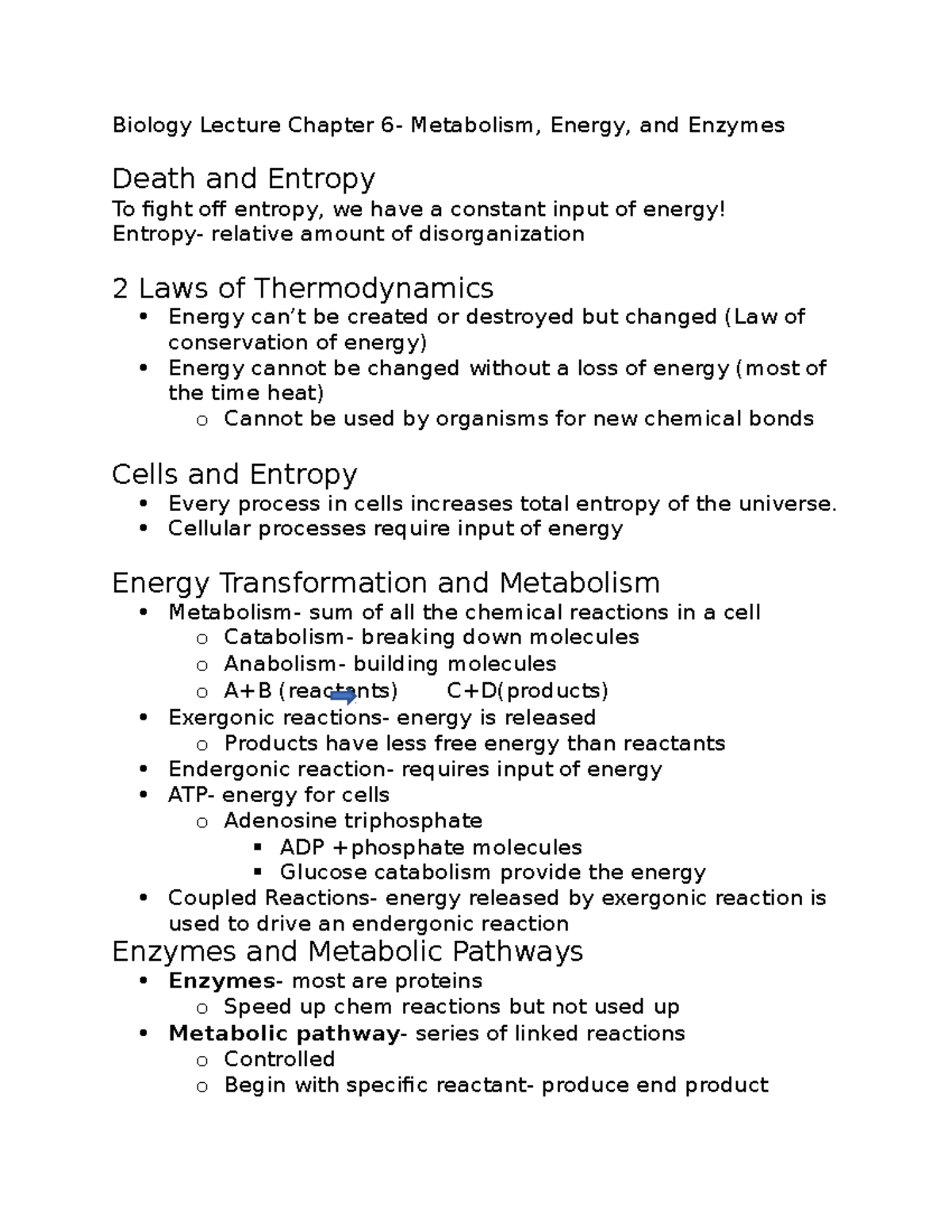 Biology Lecture Chapter 6: Metabolism, Energy & Enzymes Overview - Studocu