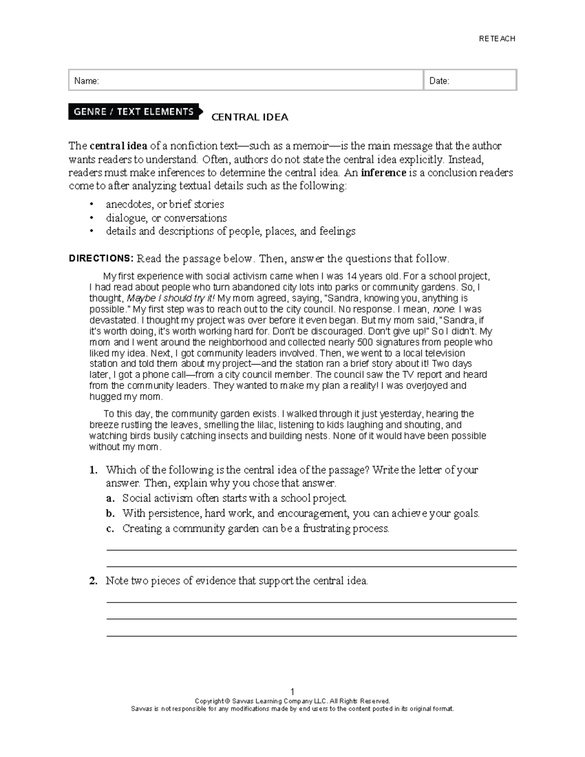 Central Idea Analysis & Inference Skills Activities (ENG 101) - Studocu