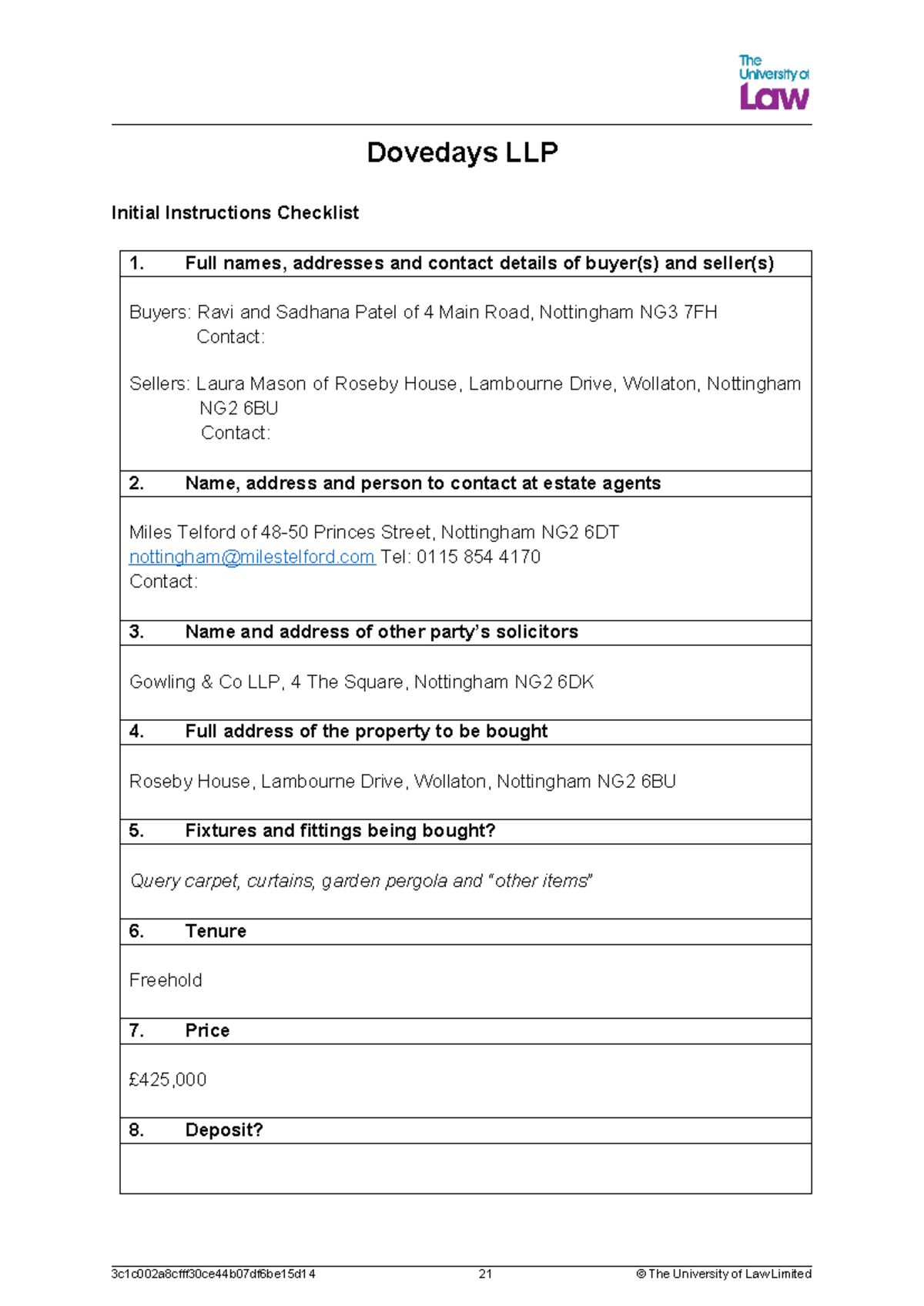 Template checklist - Dovedays LLP Initial Instructions Checklist 1 ...