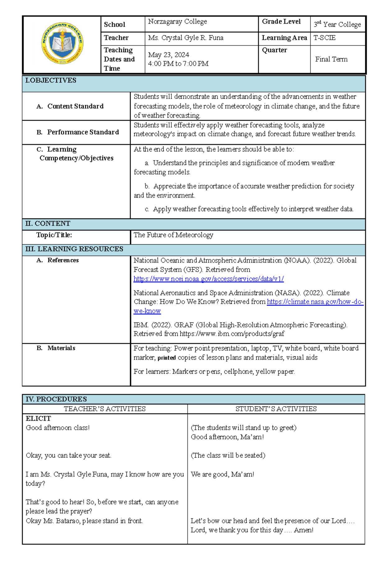 7Es Detailed Lesson Plan on Meteorology T-SCIE for Final Exam - Studocu