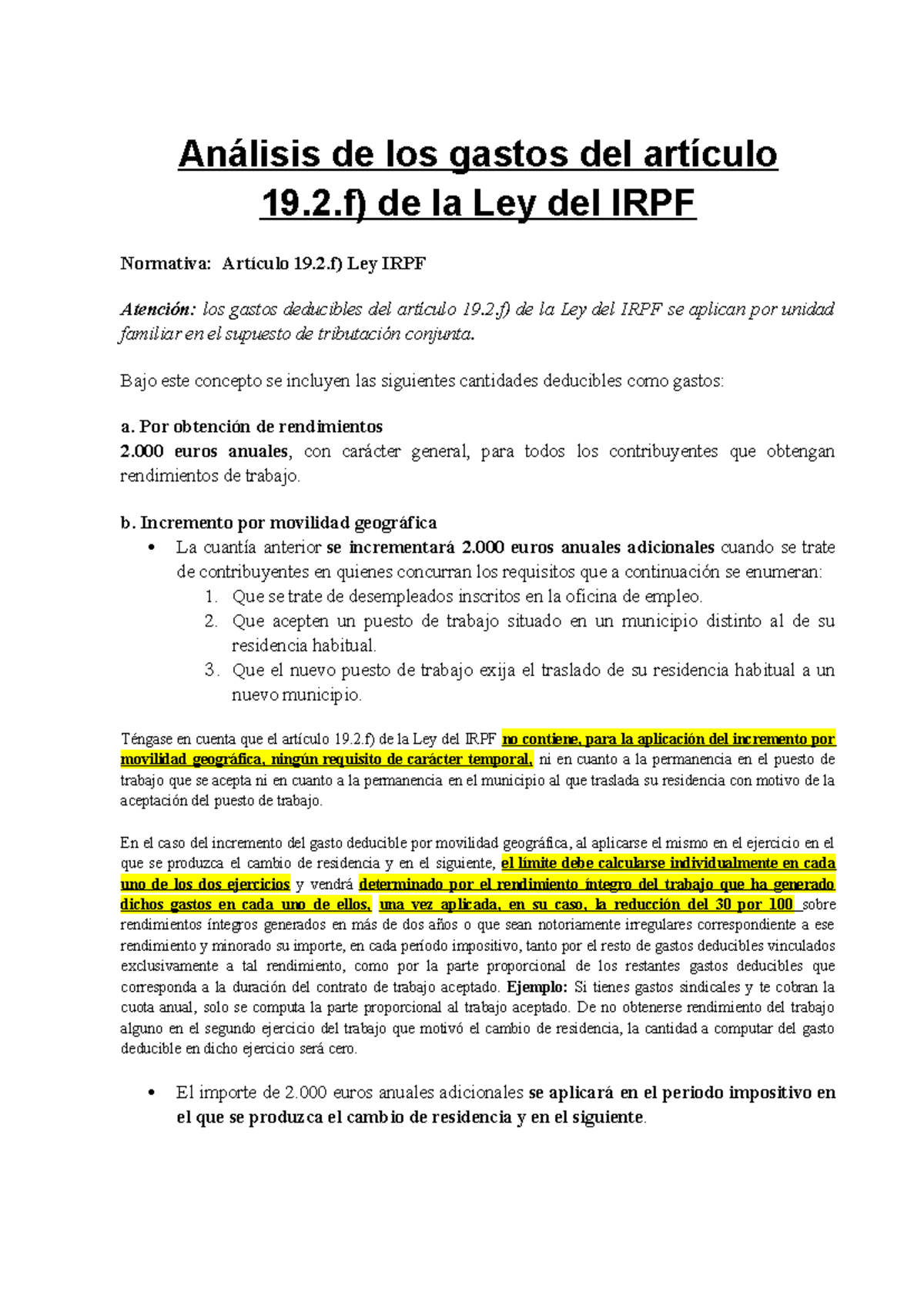 Análisis de Gastos Deducibles Artículo 19.2.f) Ley IRPF - Studocu