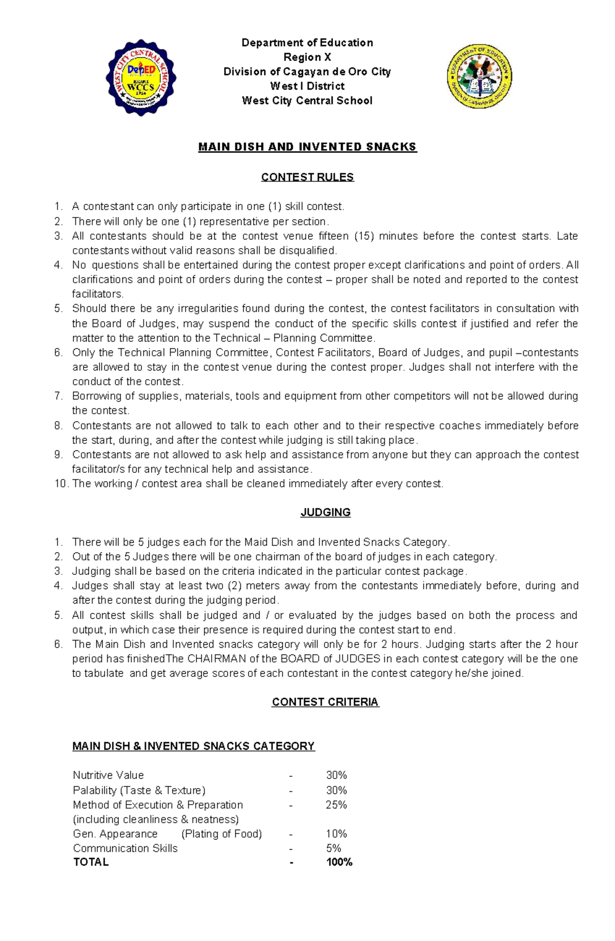Department of Education Region X: Main Dish & Invented Snacks Contest ...